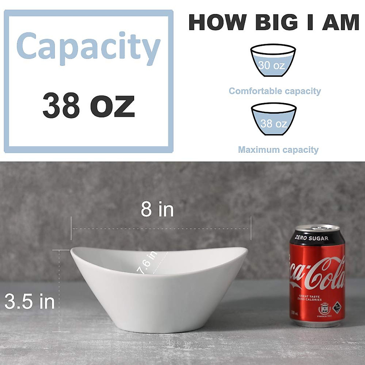 Buyajuju Porcelain Salad Bowls, 38 Ounce pasta bowls set of 4, 8 inch White serving bowls for cereal, soup, ramen, snacks, rice, Oven Dishwasher Safe