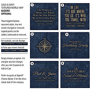 Personalized Gold & Navy Textured Push Pin World Map on Canvas, 3 Sizes, Push Pins Included to Track Travels, World Map Pin Board, Best gift for People Who Travel Gift for Traveler Women Men Couple