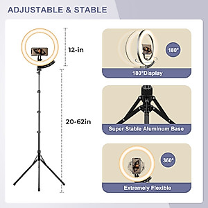 Sensyne 12" Ring Light with 62" Tripod Stand, LED Selfie Circle Light with Strong Magnectic Phone Holder Compatible with Cellphones for Live Stream/Recording/Photography/YouTube/TikTok