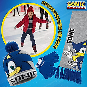 Sonic The Hedgehog Beanie Hat Scarf and Gloves Set for Boys (Multicolour- 3 Pieces)