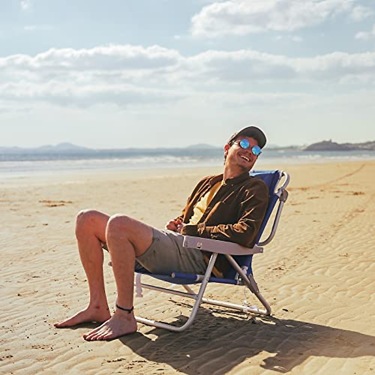 SUNNYFEEL Low Beach Chair 5 Position Lay Flat, Portable Folding Backpack Beach Chairs Heavy Duty with Cooler Bag, Cup Holder for Outdoor/Lawn/Trip/Picnic/Fishing, Foldable Camping Chair (New Blue)