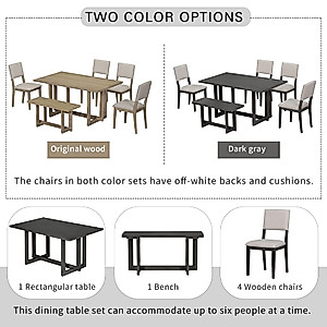 Bellemave 6-Piece Dining Table Set for 6 Kitchen Table Set with 4 Upholstered Chairs and Wooden Bench Rectangular Dining Room Set with H-Shaped Support Design for Kitchen, Dining Room (Grey)