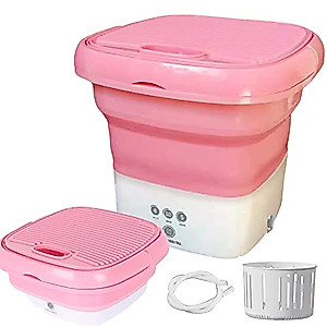 Portable Mini Foldable Clothes Washing Machine,Portable Laundry Bucket Washer with Spin Dryer Bucket for Automatic Home Travel Self-Driving Tour Underwear Foldable Washer, Pink