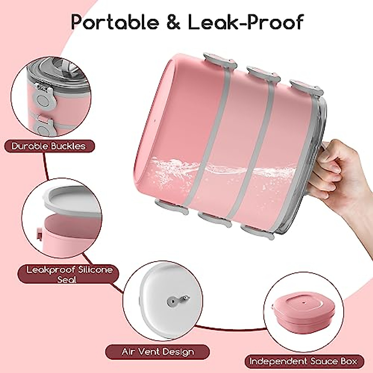 KHOXU Bento Lunch Box, Stackable 3 Layers Bento Box Adult Lunch Box, 94OZ Large Capacity Lunch Containers, Lunch Box Kids with Accessories Kit , Leak-Proof, Food-Safe Materials, Pink