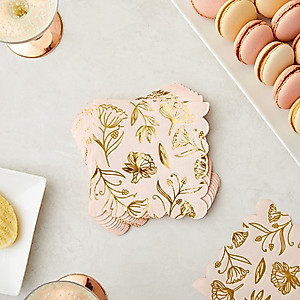Sparkle and Bash 50-Pack Pink Paper Napkins with Gold Foil, Floral Design & Scalloped Edges for Wedding, Baby Showers, & Bridal Showers, Disposable Cocktail Napkins for Serving Drinks (3-Ply, 5x5 in)