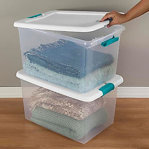 Sterilite 64 Qt Latching Storage Box, Stackable Bin with Latch Lid, Plastic Container to Organize Clothes in Closet, Clear with White Lid, 12-Pack