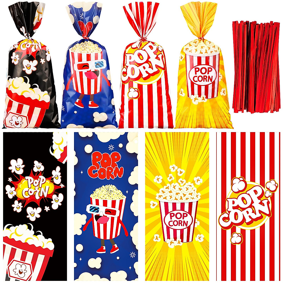 Teling 100 Pcs Popcorn Bags for Party, Popcorn Treat Bags Set, 100 Pcs Candy Bags Red White Stripe Cookie Snacks Bags with 150 Red Twist Ties for Christmas Carnival Birthday Party Favor (Cute Style)