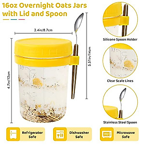 Korlon 4 Pack Overnight Oats Containers with Lids, 16oz Glass Food Oatmeal Container, Wide Mouth Overnight Oats Jars with Spoons for Cereal Yogurt Fruit Vegetable Milk