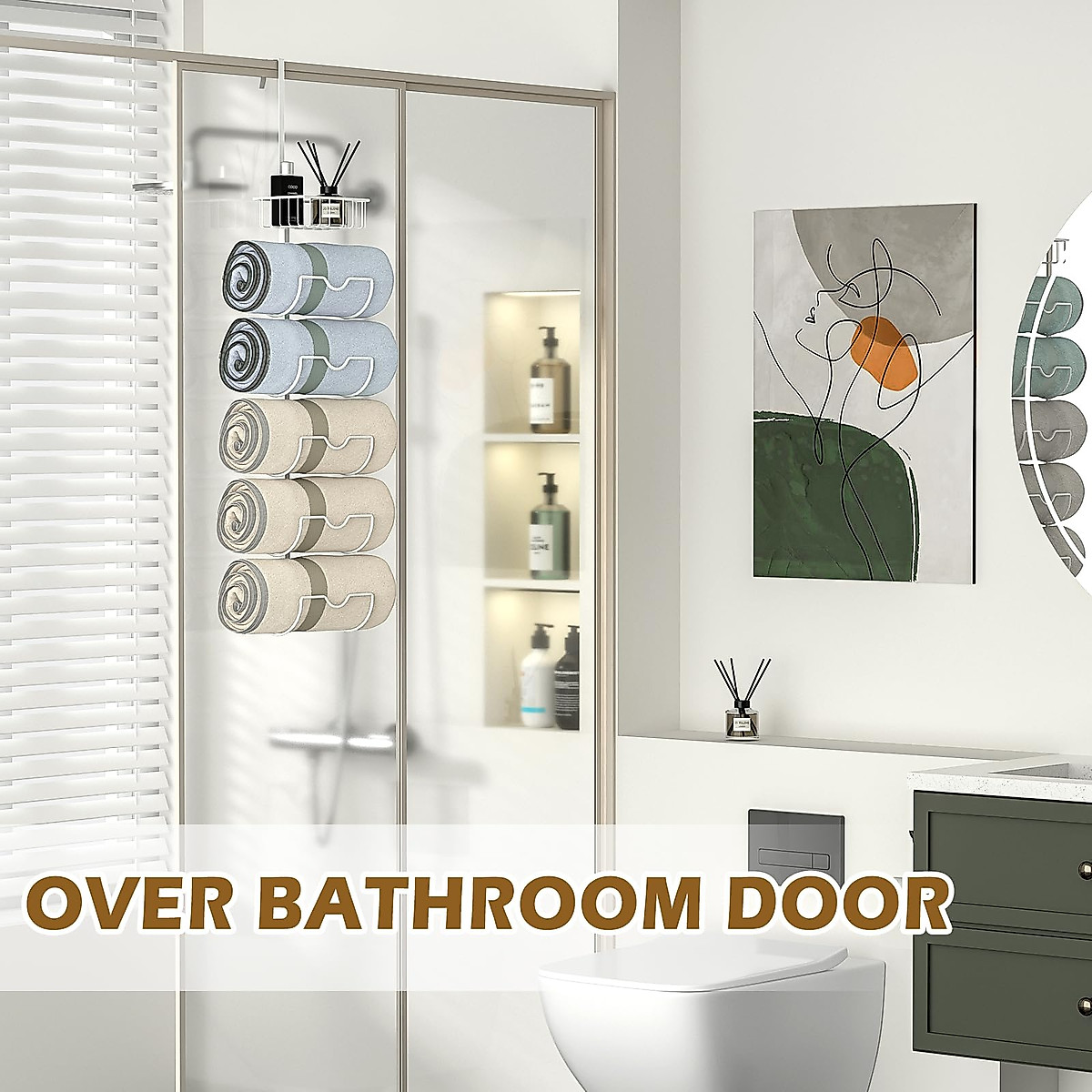 X-cosrack 6-Tier Over The Door Towel Racks for Bathroom - Wall Mounted Metal Towel Holder - Adjustable Rolled Towel Organizer Hanging Towel Storage, Matte White