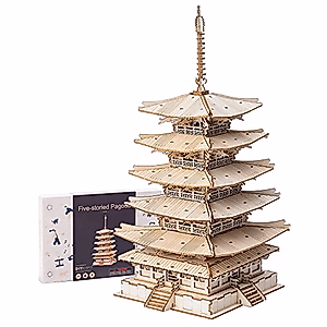 ROBOTIME 3D Puzzle Wooden Craft Kits for Adults DIY Model Building Kit Best Gift for Kids (Five-Storied Pagoda)