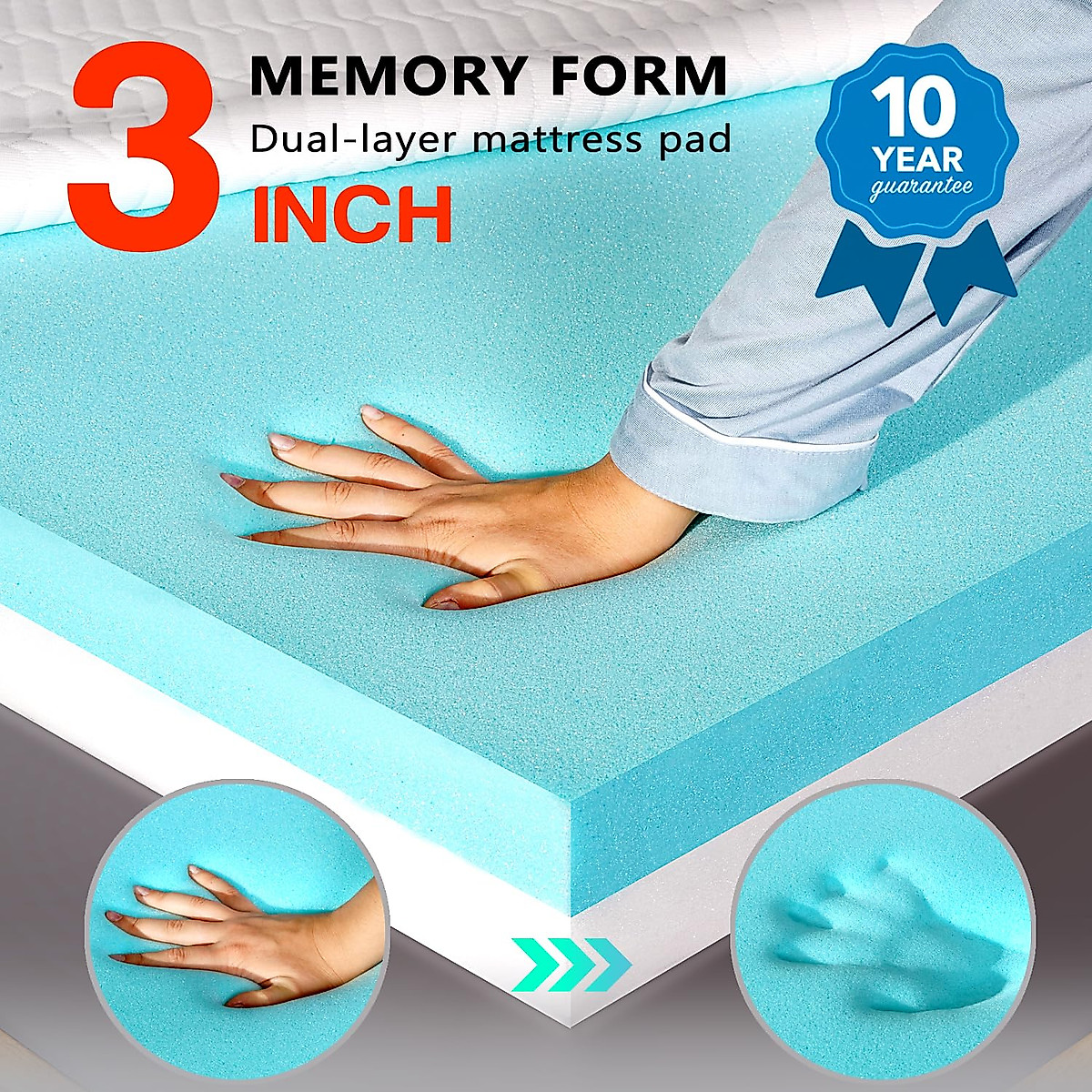 PECASOY 3 Inch Cooling Memory Foam Mattress Topper, High Density Supportive Foam Matress Topper with Washable Removable Bamboo Cover, Hypoallergenic, Bed Mattress Pad Queen Size