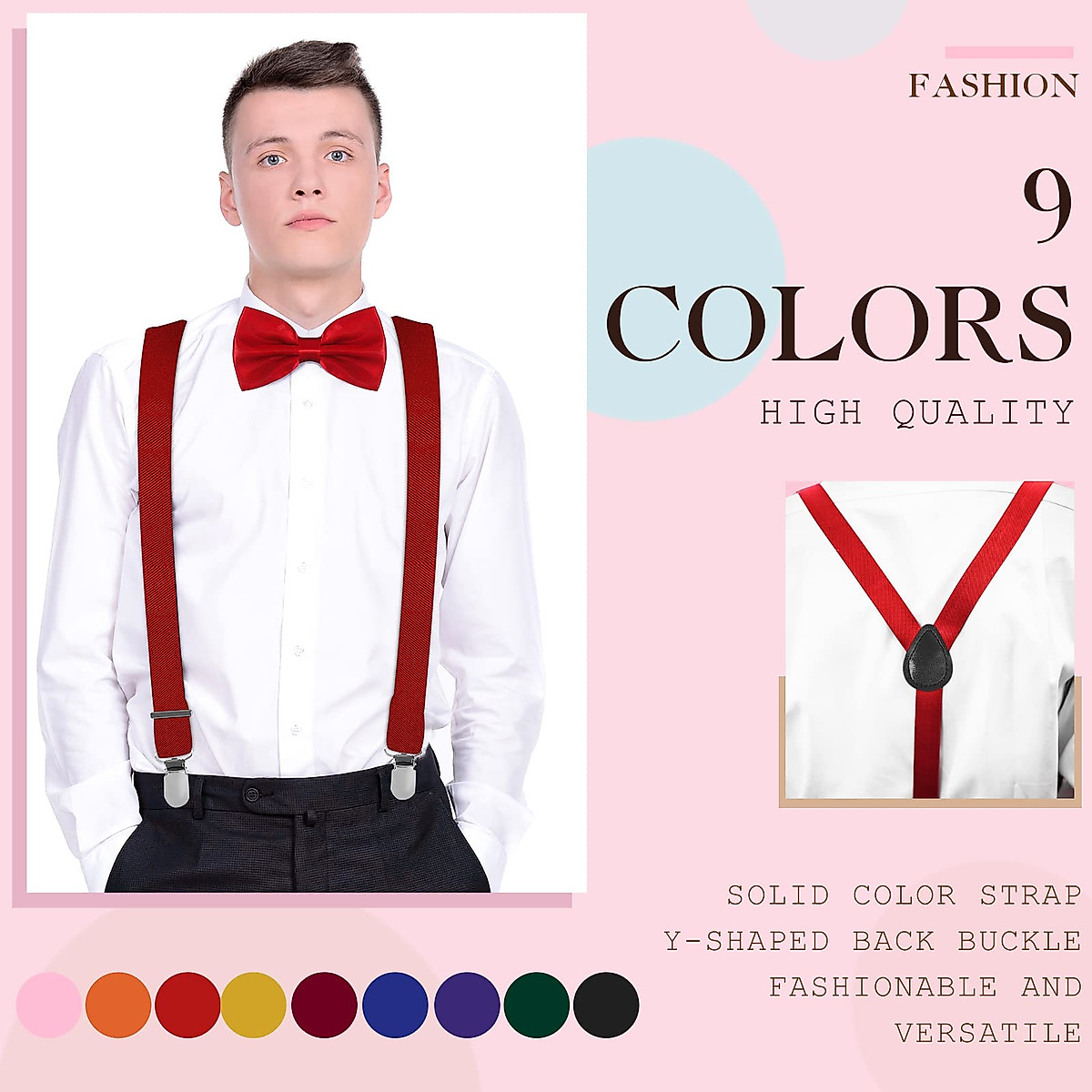 9 Pcs Adjustable Elastic Y Back Style Suspenders Fun Bow Ties for Men with Metal Clips 1 Inch Wide Y Shape Suspenders for Men and Women, 9 Colors