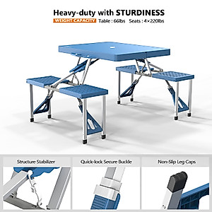 VINGLI 4 Ft Camping Picnic Table Set with 4 Seats with Umbrella Hole Folding Lightweight Suitcase Card Table-220 Lbs Support Aluminum Frame, Plastic RV Tabletop for Barbecue,Travel,Outing,Gathering