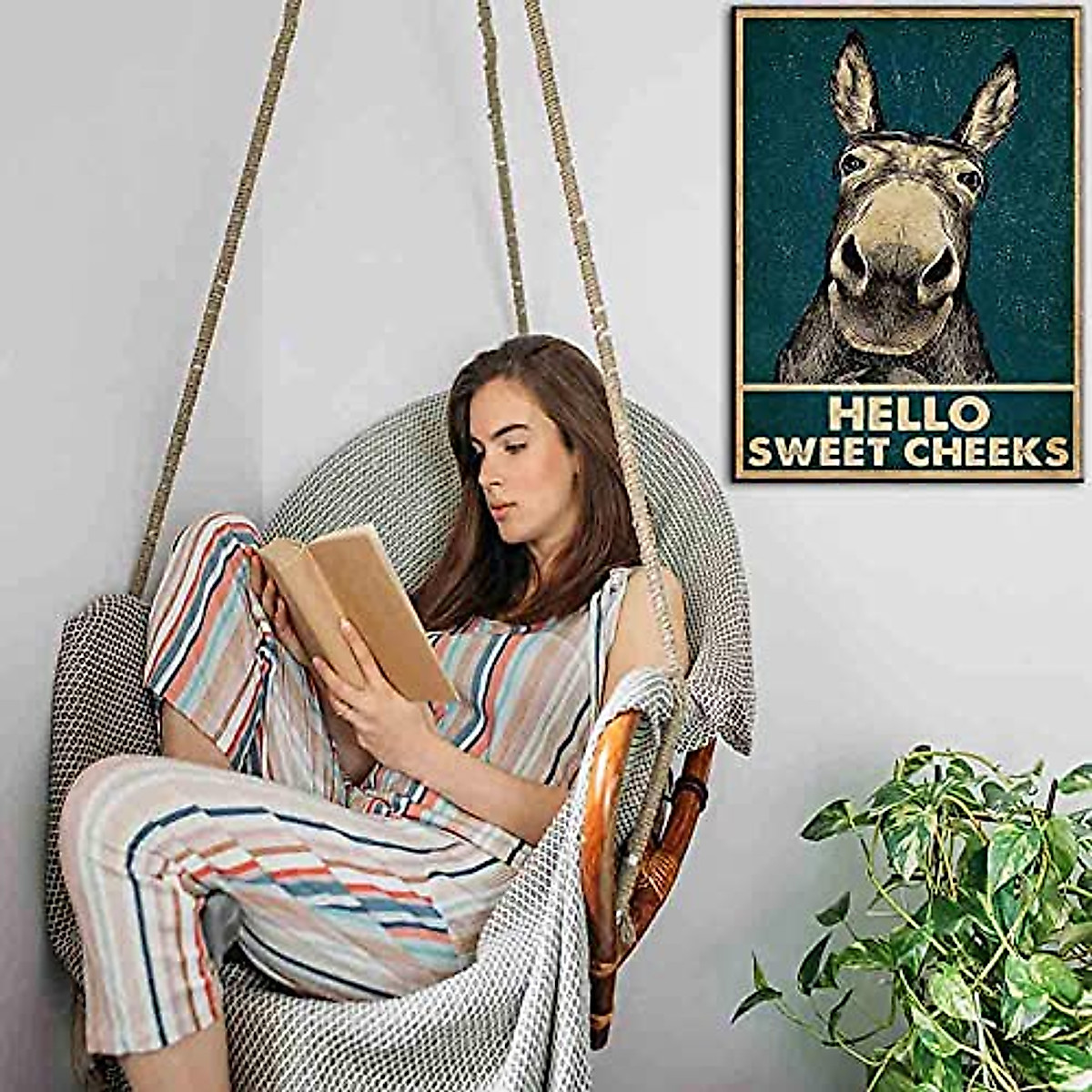 Donkey Pictures Wall Decor Hello Sweet Cheeks Donkey Poster - Funny Animal Bathroom Wall Art - Hello Sweet Cheeks Bathroom Sign - Green Wall Art for Room Bedroom Bathroom Decor 16" X 24" Framed