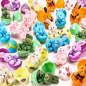Sumind 48 Pieces Easter Eggs DIY Prefilled with Plush Animals, 3 Inch Plastic Easter Eggs with Stuffed Animals for Easter Party Hunt Game Basket Surprise Bunny Animal Toys(Bunny)