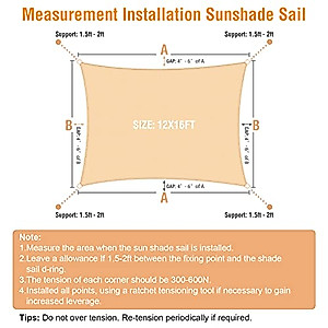 UIRWAY Sun Shade Sail 12x16FT Rectangle Canopy, 95% UV Block, 185GSM Breathable Sunshade for Patio, Garden, Pergola, Backyard - Sand