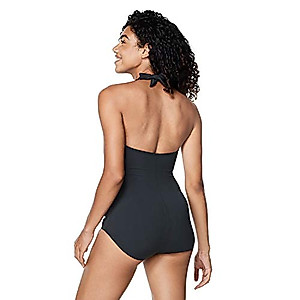 Speedo Women's Standard Swimsuit One Piece V-Neck Shirred Halter Moderate Cut, Black, 12