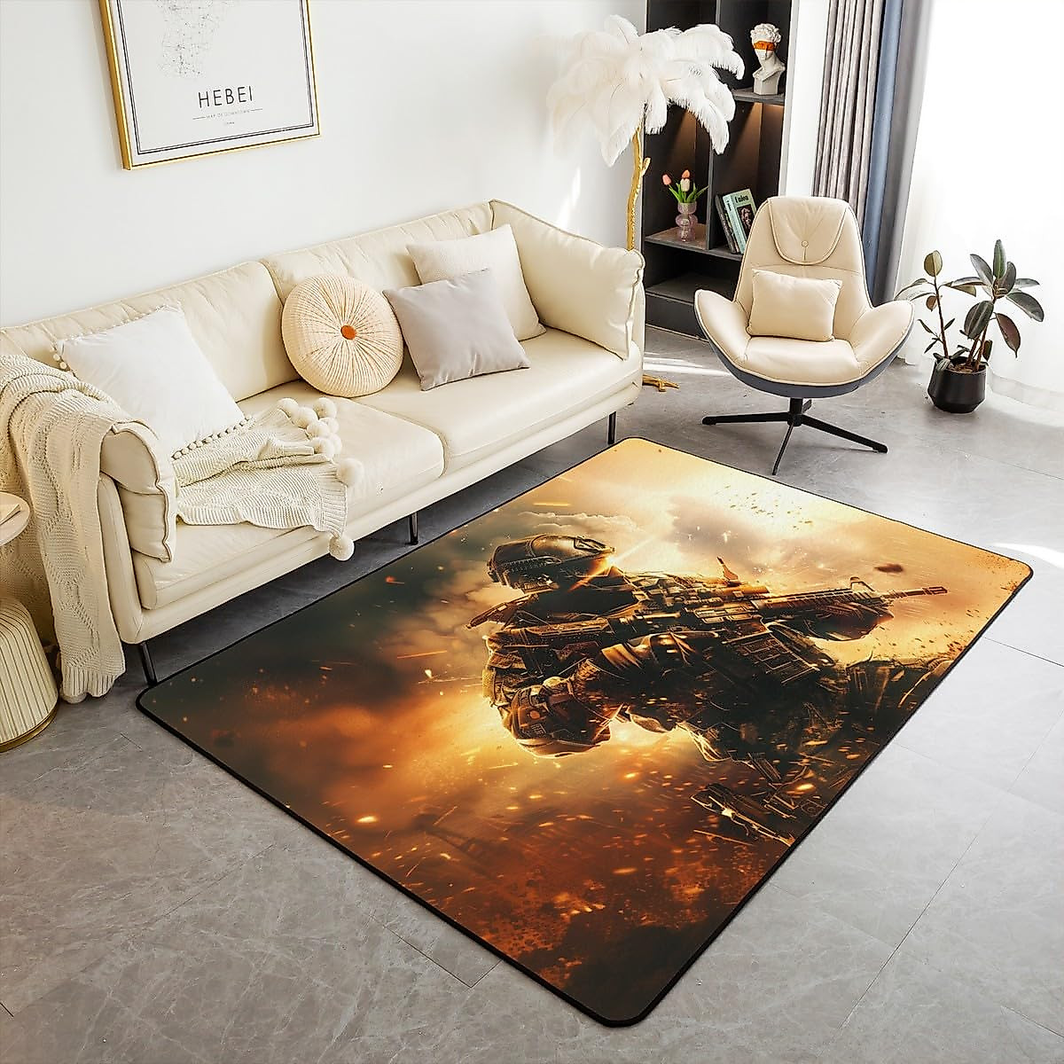 American Soldier Living Room Rugs 5x7 Army Rifle Machine Area Rug for Kids Teen Camo Soldiers Lover Carpet Runner Non Slip Military Themed Decorative Accent Rug Bedroom Decor