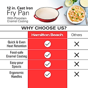 Hamilton Beach Enameled Cast Iron Fry Pan 12-Inch Red, Cream Enamel coating, Skillet Pan For Stove top and Oven, Even Heat Distribution, Safe Up to 400 Degrees, Durable