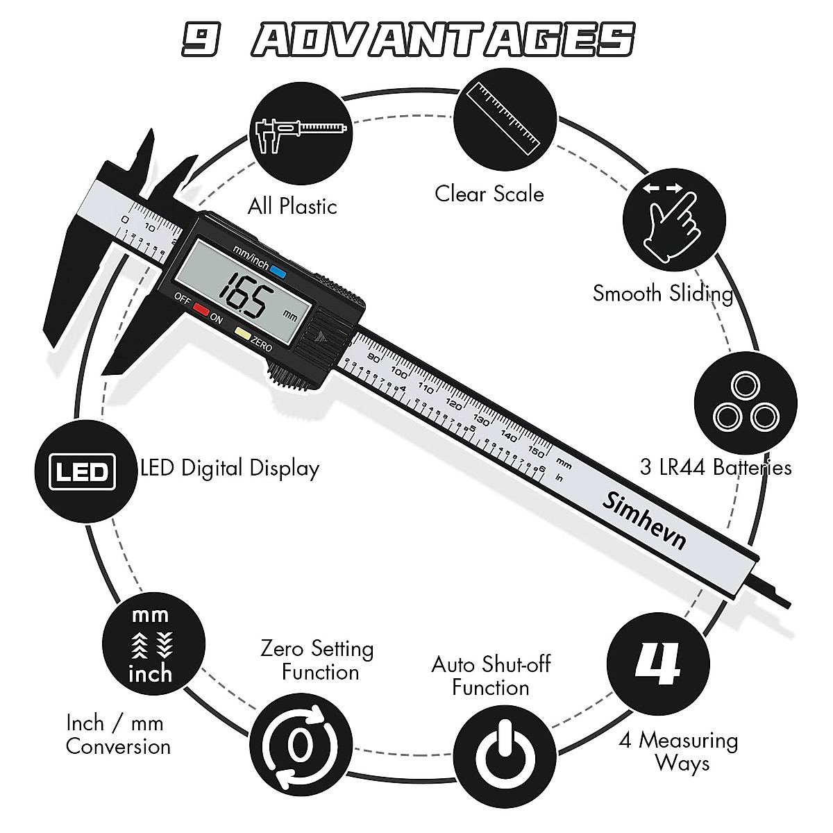 Simhevn Electronic Digital Caliper, LCD | 0 to 6 inch Inch and Millimeter Conversion, Automatic Shutdown Function, Very Suitable for home/jewelry/3D Printing/DIY Measurement, etc