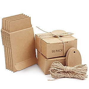 BELLE VOUS 50 Pack Gift Boxes - Brown Kraft Paper Square Gift Wrap Boxes with Lids, Hemp Rope and Tags - 3 x 3 x 1.5 inches - Small Boxes for DIY Wedding & Party Gifts & Favors - Easy Assemble Boxes