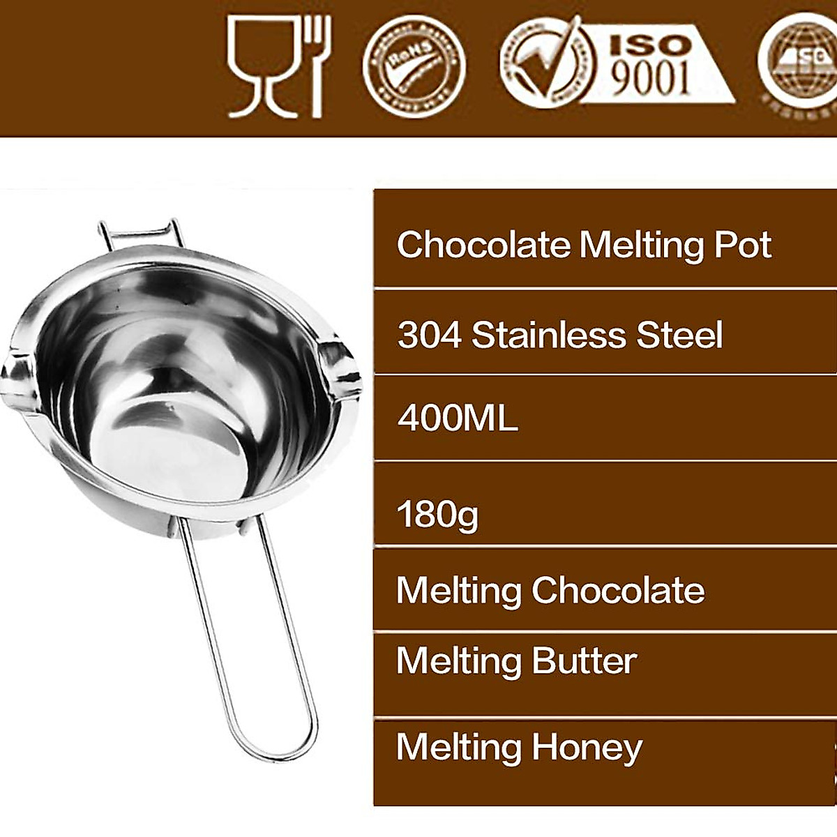 PureSec Double Boiler Stainless Steel Chocolate Melting Pot 400ML for Melting Chocolate and Candle making