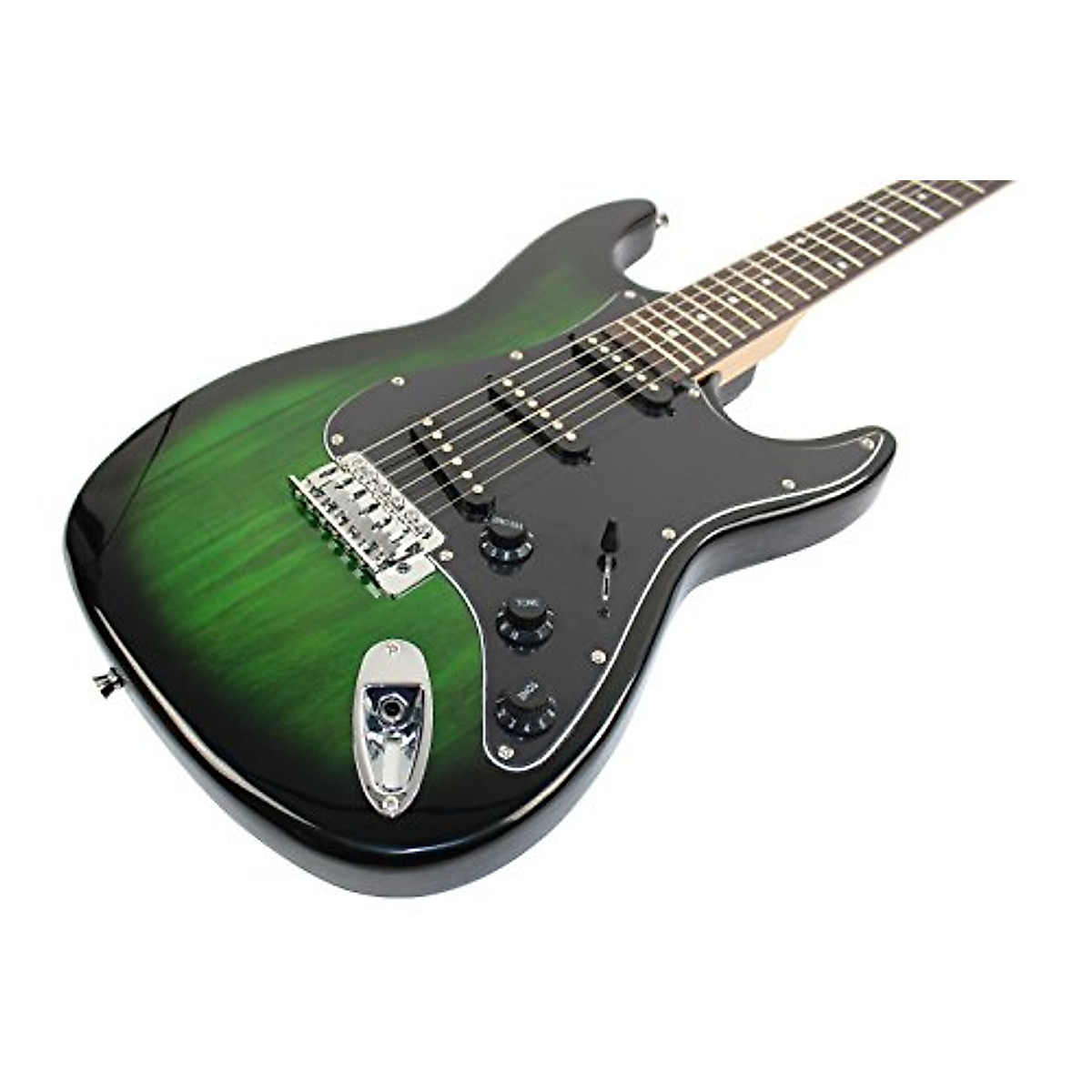 Stedman Pro EG39-TGRB-10W Beginner Series Electric Guitar with Case, Strap, Cable, Capo, Picks, Electronic Tuner, String Winder and Polish Cloth, 10W Amp, Transparent Green/Black Picguard