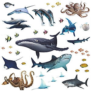 Removable 3D Removable Under The Sea Fish Wall Sticker DIY Ocean Animals Wall Decals Whale, Shark, Squid Wall Decor Peel and Stick Art for Kids Room Baby Bedroom Nursery Boy and Girls