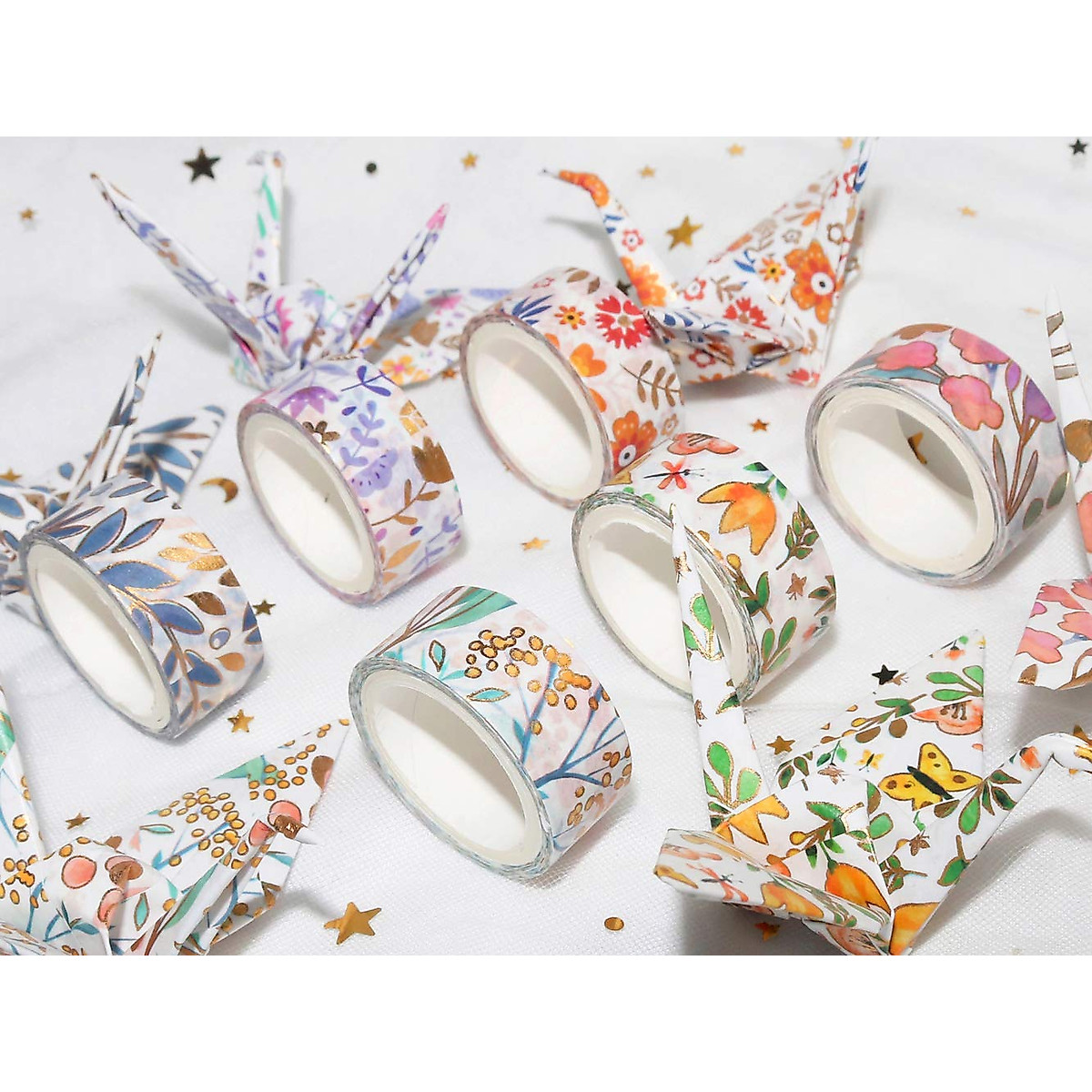 YUBBAEX Floral Gold Washi Tape Set VSCO Foil Masking Tape Decorative for Arts, DIY Crafts, Journal Supplies, Planners, Scrapbook, Card/Gift Wrapping -8/15mm- (Blooming 18 Rolls)