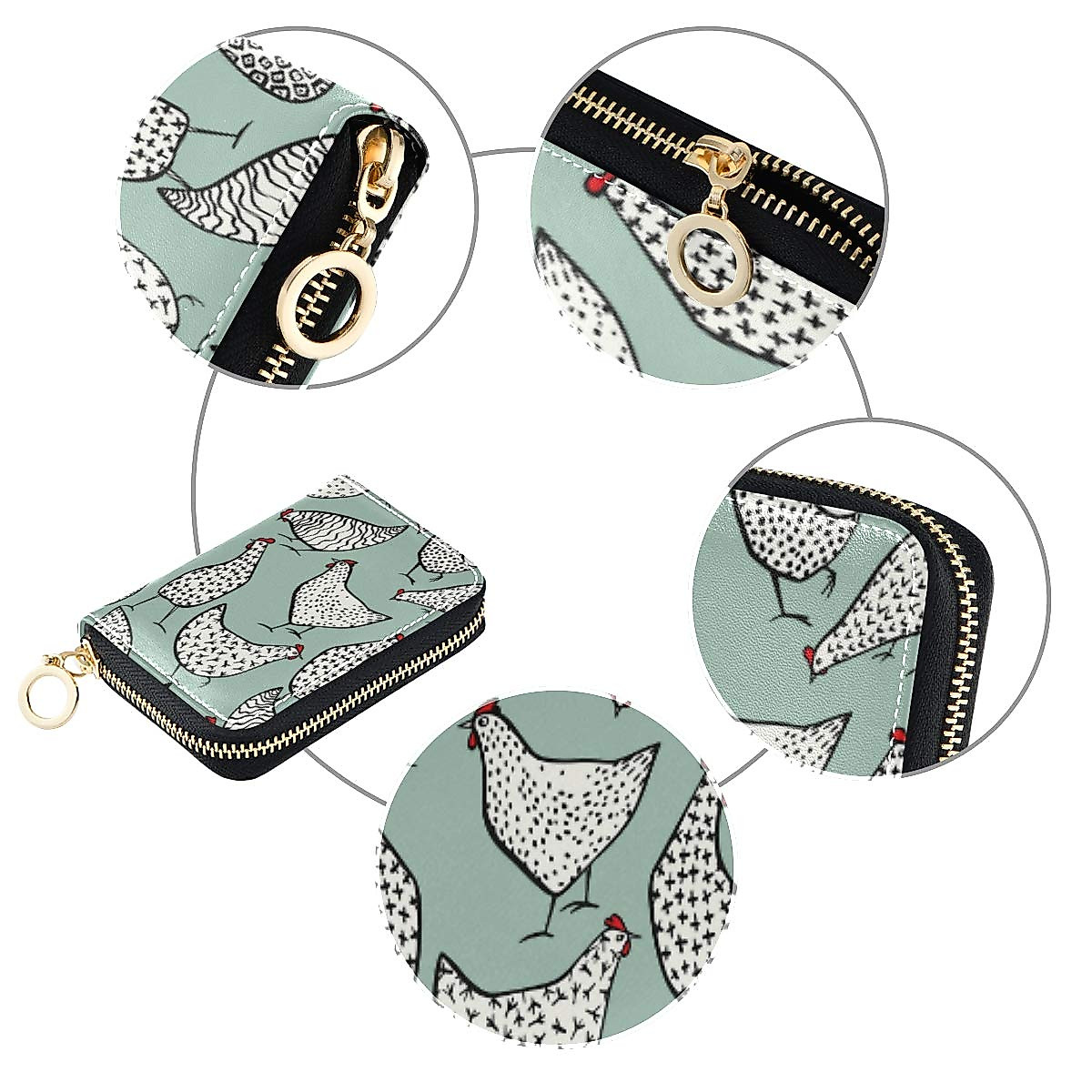 MOYYO RFID Credit Card Holder Case Beautiful Chickens Leather Printed Zipper Card Case Wallet for Women Girls