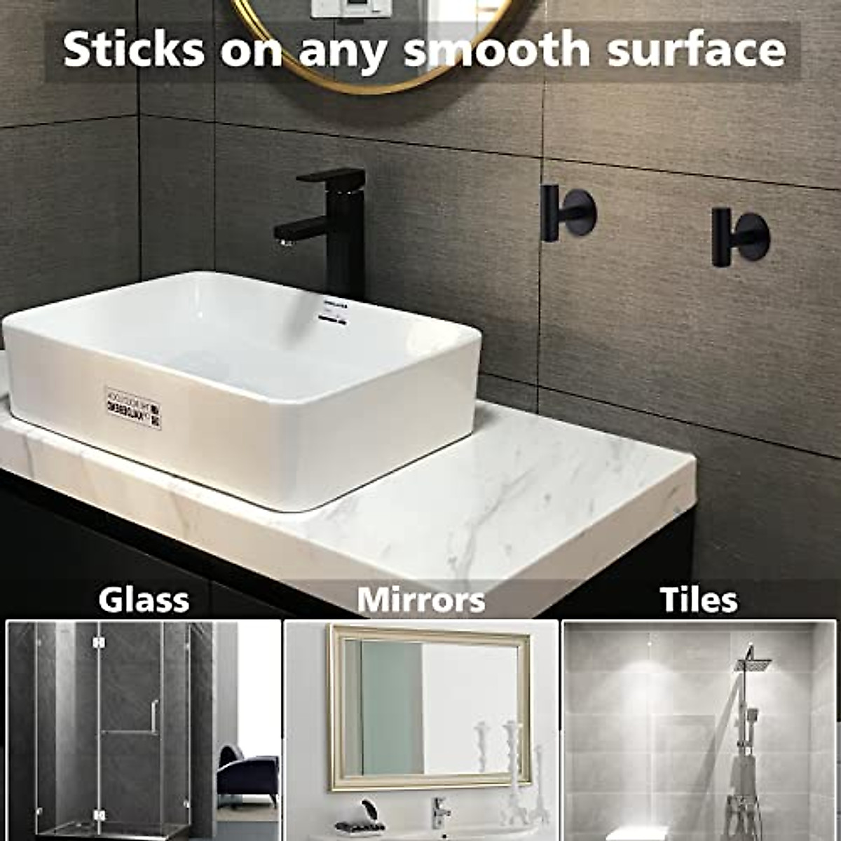 Adhesive Towel Hooks, Heavy Duty Wall Hooks Stainless Steel Waterproof Shower Towel Hooks, Coat Hooks for Hanging Clothes, Door Hooks Adhesive Hooks for Bathroom- 4 Pack, Black