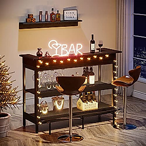 Tribesigns Industrial Home Bar Unit, 3 Tier Liquor Bar Table with Stemware Rack and Wine Storage Display Shelf, Mini Bar Cabinet with Glass Holder Footrest and Mesh Front