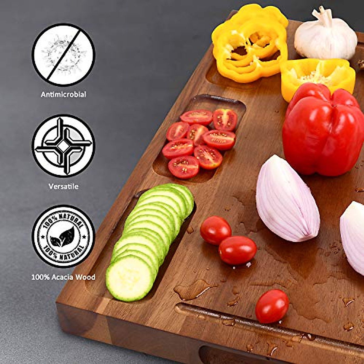 Acacia Wood Cutting Board for Kitchen(16" X 11"), Large Wooden Kitchen Chopping Boards 1.3 Inch Thick with Juice Groove and 3 Compartments as Cheese Board for Meat and Vegetables