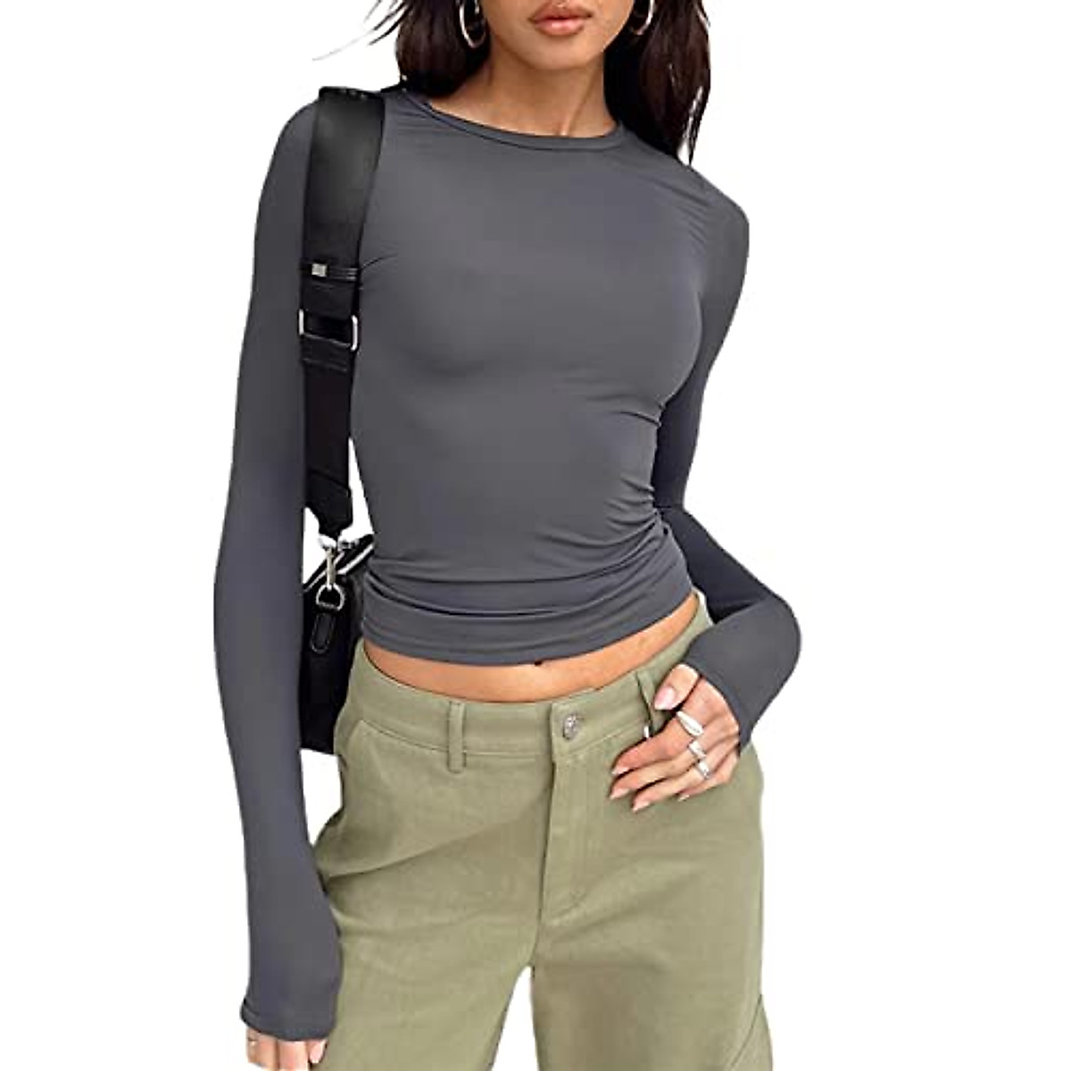 Lviefent Womens Casual Long Sleeve Workout Yoga Y2K Crop Top Slim Fit Basic Tee Shirt with Thumb Hole (Grey, Large)