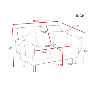 Lepfun Convertible Bed 2 Pillows, Loveseat Sleeper Futon, Recliner Couch with Adjustable Armrest and Wood Legs,Living Room Sofa with Backrest for Small Space(Light Grey)