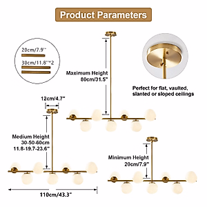 KCO Lighting Modern Brass Linear Chandelier Pendant Light 7-Lights Gold and White Glass Pendant Lighting Mid Century Globe Dining Light Fixture for Living Room Kitchen