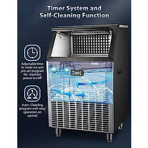 Commercial Ice Maker Machine Self Clean, 200lbs/24H Stainless Steel Ice Machine 105 Cubes/Batch in 11-18 Minutes with 48lbs Ice Storage Bin, Freestanding Ice Maker for Restaurant/Home/Food Truck