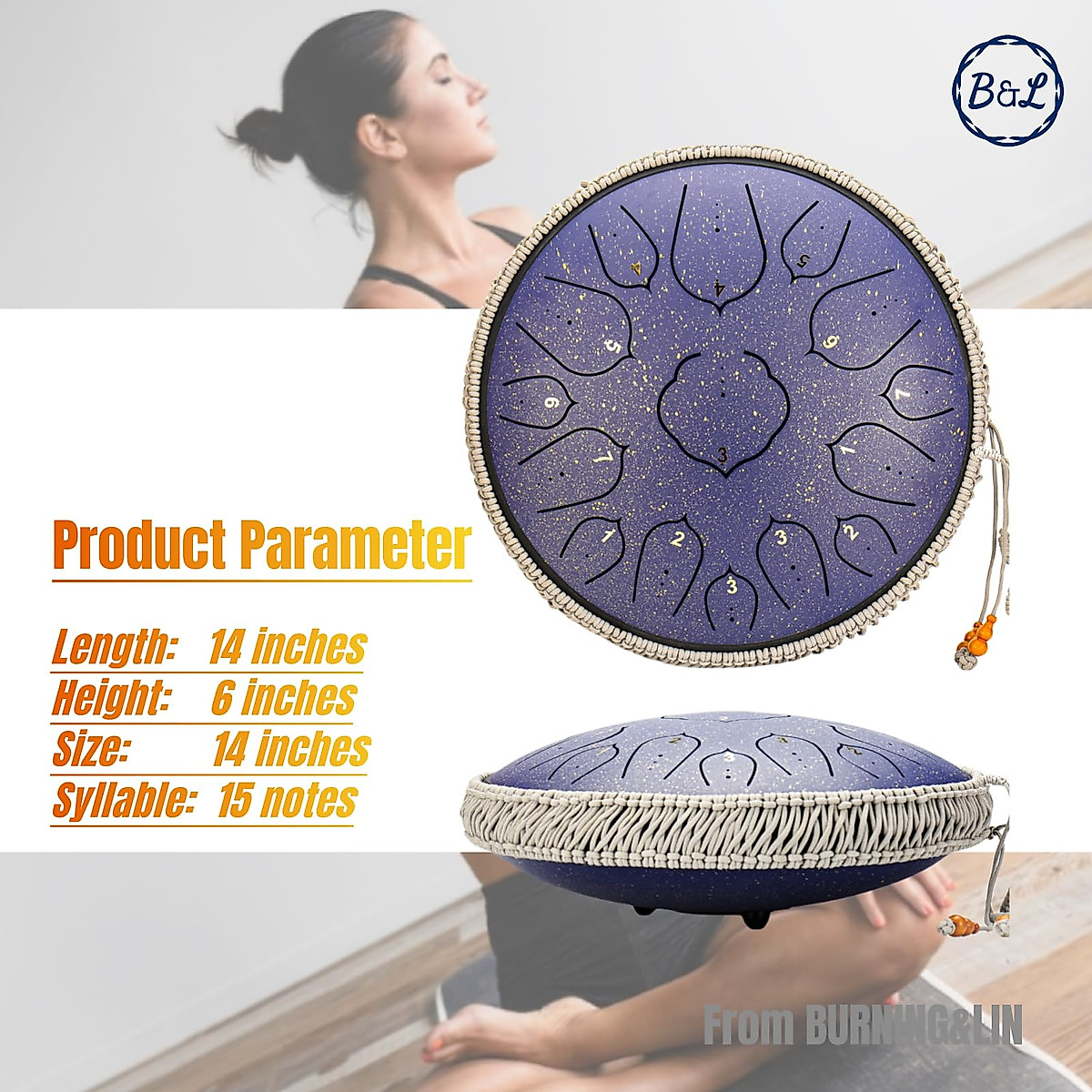 BURNING&LIN Steel Tongue Drum Tongue Drum 15 Notes 14 Inches Handpan Drum Percussion for Meditation Yoga Musical Education for Adult& Kids(Lotus Purple)