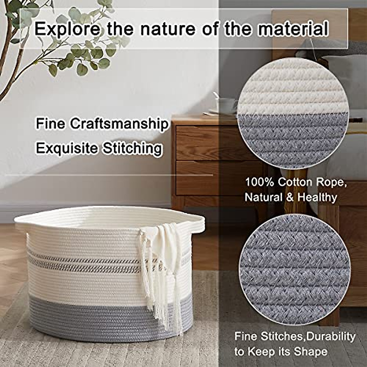 OIAHOMY Cotton Rope Basket 20x20x13 inches Laundry Basket Blanket Basket Baby Toy Basket with Handles Woven Baskets for Storage