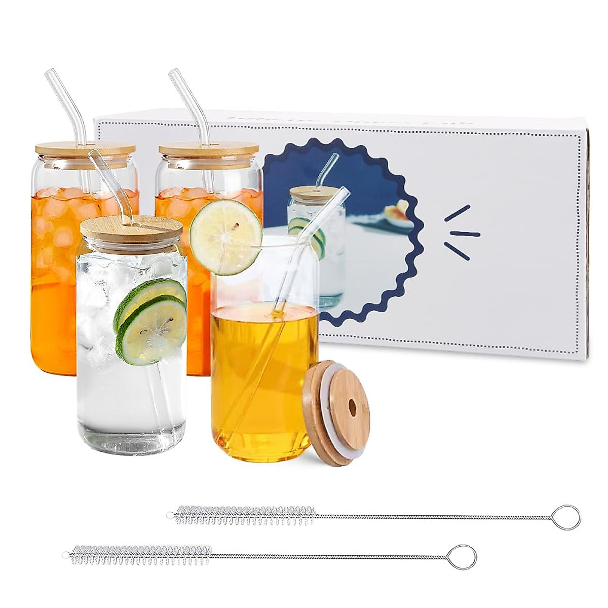 La Llareta 4 Pcs Drinking Glass with Lids and Straw, 540ml Iced Coffee Cups, Shaped Beer Glasses Cups, with 2 Straw Brushes, for Cola, Smoothies, Cocktails, Soda