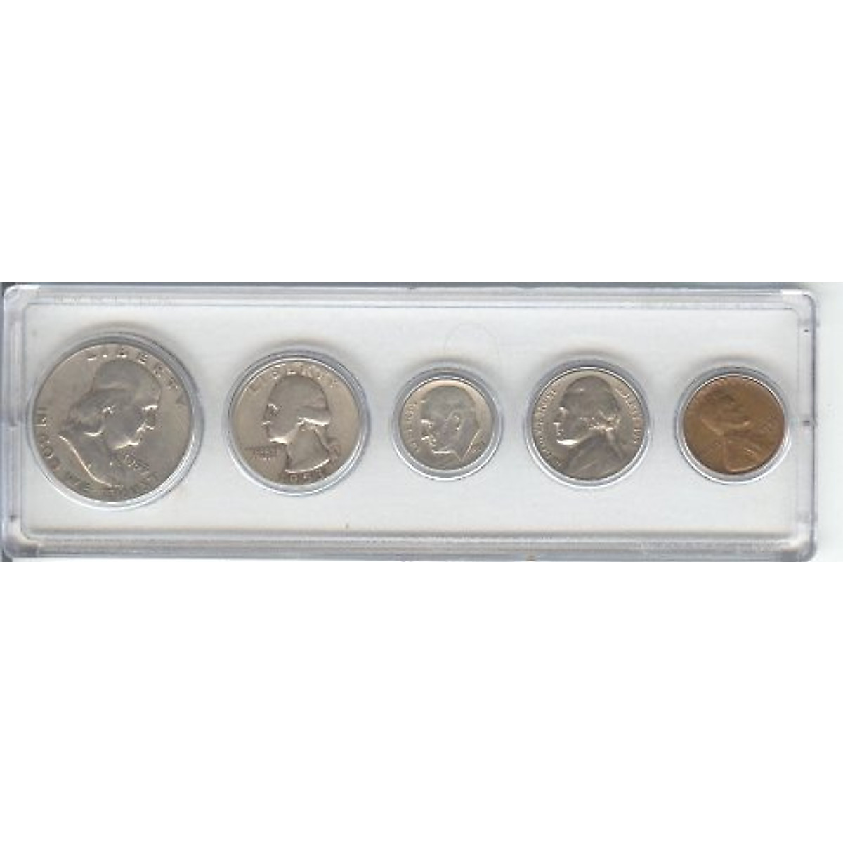 1953 BIRTH YEAR COIN SET-5 COINS TOTAL-SILVER HALF DOLLAR, SILVER QUARTER,SILVER DIME, NICKEL, AND CENT -ALL DATED 1953, AND DISPLAYED IN A PLASTIC HOLDER--NOTE--THESE COINS WILL BE AS GOOD OR BETTER THEN THE PICTURE--NOTHING LESS