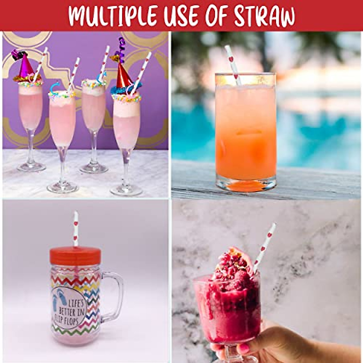 Biodegradable Paper Straws, 300 Pieces Pack,Red Heart Stripe Disposable Drinking Straws,Eco Friendly Christmas Party Supplies, Birthday, Wedding,christmas straws