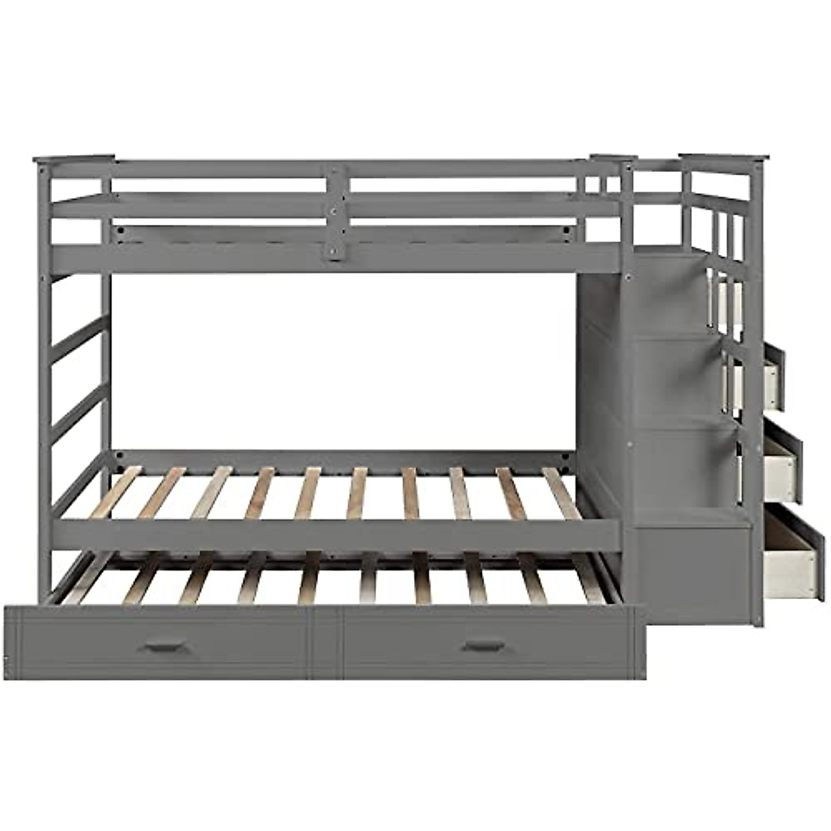 STP-Y Solid Wood Bunk Bed Frame No Box Spring Needed with Guardrails, Ladder and Storage Stairs for and Teens Platform, Twin Over Full, Gray (Color : Grey with Hiden Drawers)