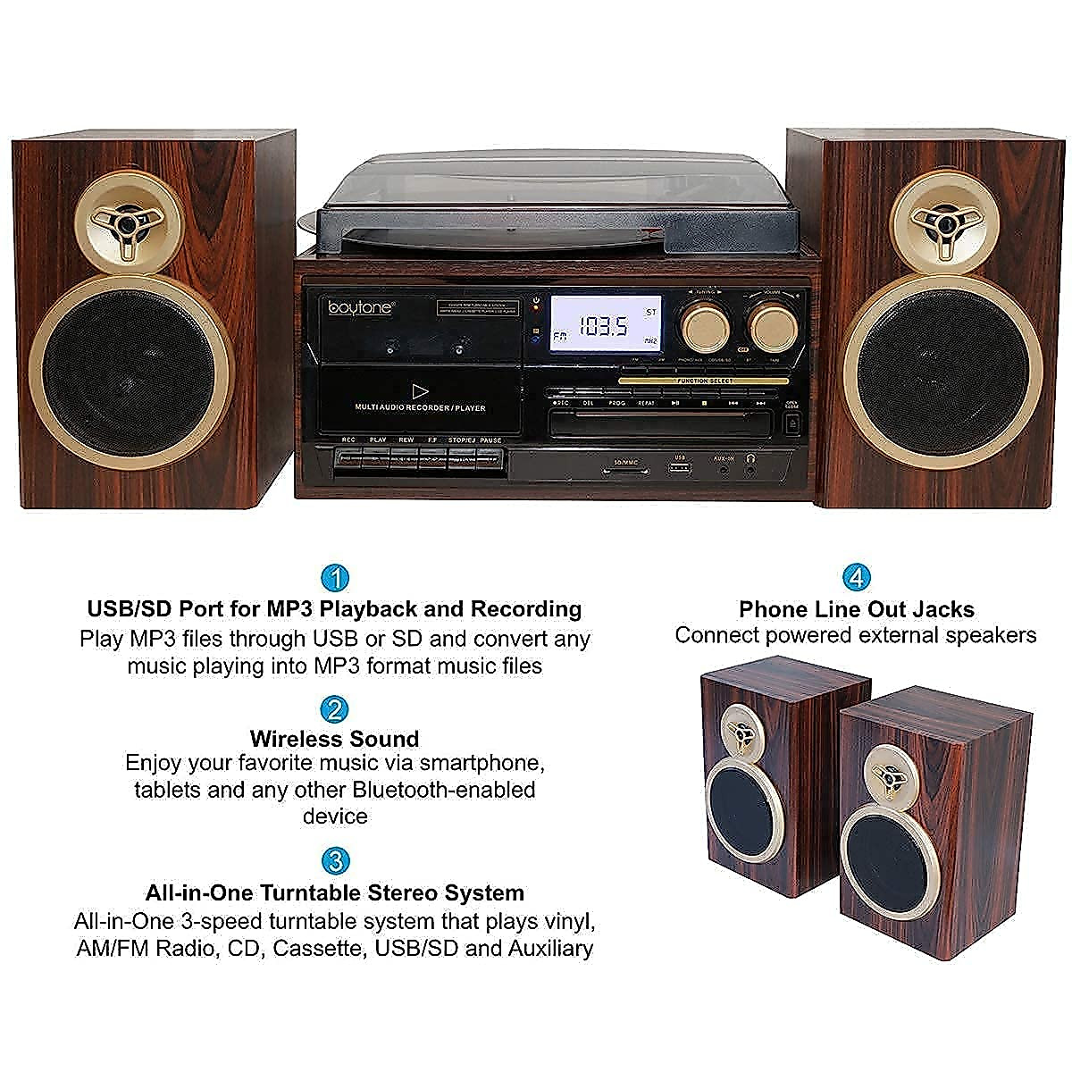 Boytone BT-28SPM, Bluetooth Classic Style Record Player Turntable with AM/FM Radio, CD / Cassette Player, 2 Separate Stereo Speakers