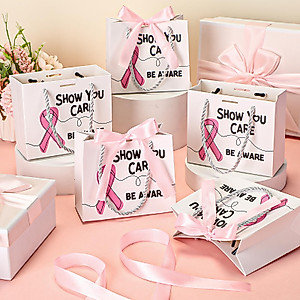 Weekgrat 25 Pack Small Pink Ribbon Bags with Handles Breast Cancer Awareness Paper Gift Bags and Bow Ribbon Show You Care Breast Cancer Bags Women Men Breast Cancer Fighter, 5.51 x 2.36 x 4.72 inch