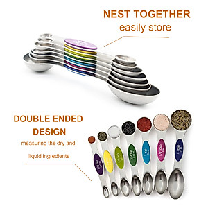 Magnetic Measuring Spoons Set - Stainless Steel Stackable Dual Sided Teaspoon Tablespoon for Measuring Dry and Liquid Ingredients, Measuring Spoons for Cooking & Baking, Fits in Spice Jars, Set of 8