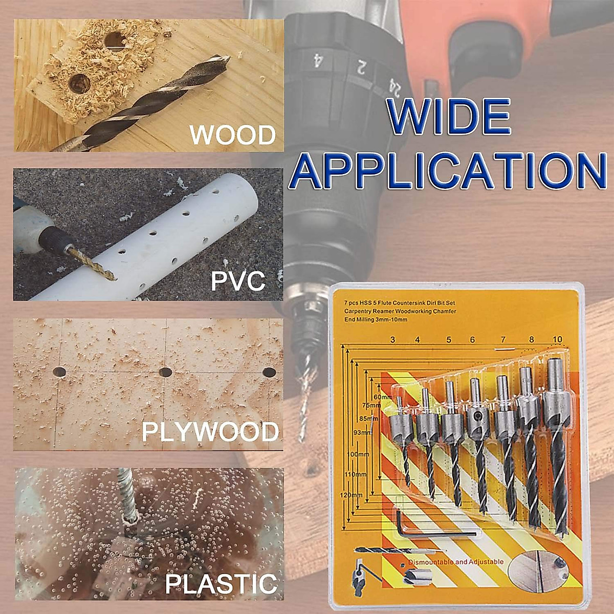 Combination Drill and Tap Bit - M3-M10 Hex Shank HSS Deburr Countersink Bits Set, Quick Change Self-Centering Spiral Tapping Tool Kit for Tapping Wood, Plastic, Aluminum,6Pcs (7)