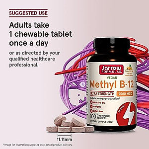 Jarrow Formulas Ultra Strength Methyl B-12 2500mcg, Dietary Supplement for Cellular Energy Production and Brain Health Support, 100 Tropical-Flavored Chewable Tablets, 100 Day Supply