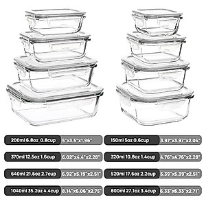 Vtopmart 8 Pack Glass Food Storage Containers with Airtight Lids, Glass Meal Prep Containers, Bento Boxes for Lunch, for Microwave, Oven, Freezer and Dishwasher, BPA Free