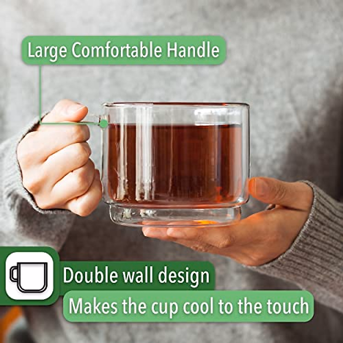 BTaT- Stackable Insulated Coffee Mug, Coffee Glass, Large, Set of 4 (16oz, 500ml), Double Wall Glass Coffee Cups, Tea Cups, Latte Cups, Glass Coffee Mug, Latte Mug, Clear Mugs, Mother's Day Gift